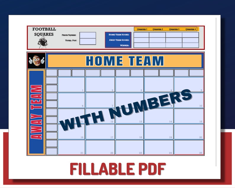 Football Squares Template 25, 25 Square Grid, Printable Football ...