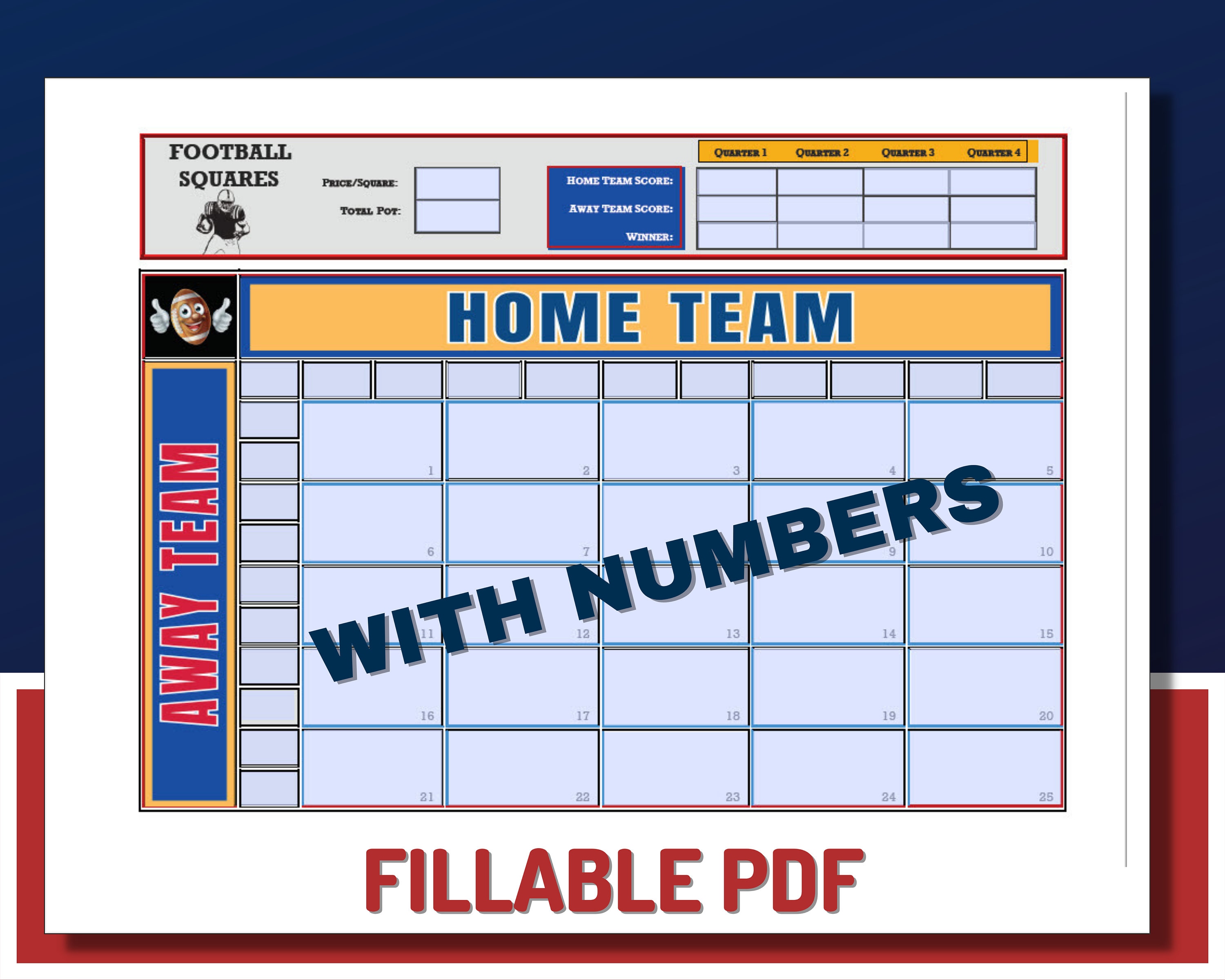 Football Squares Template 25, 25 Square Grid, Printable Football ...