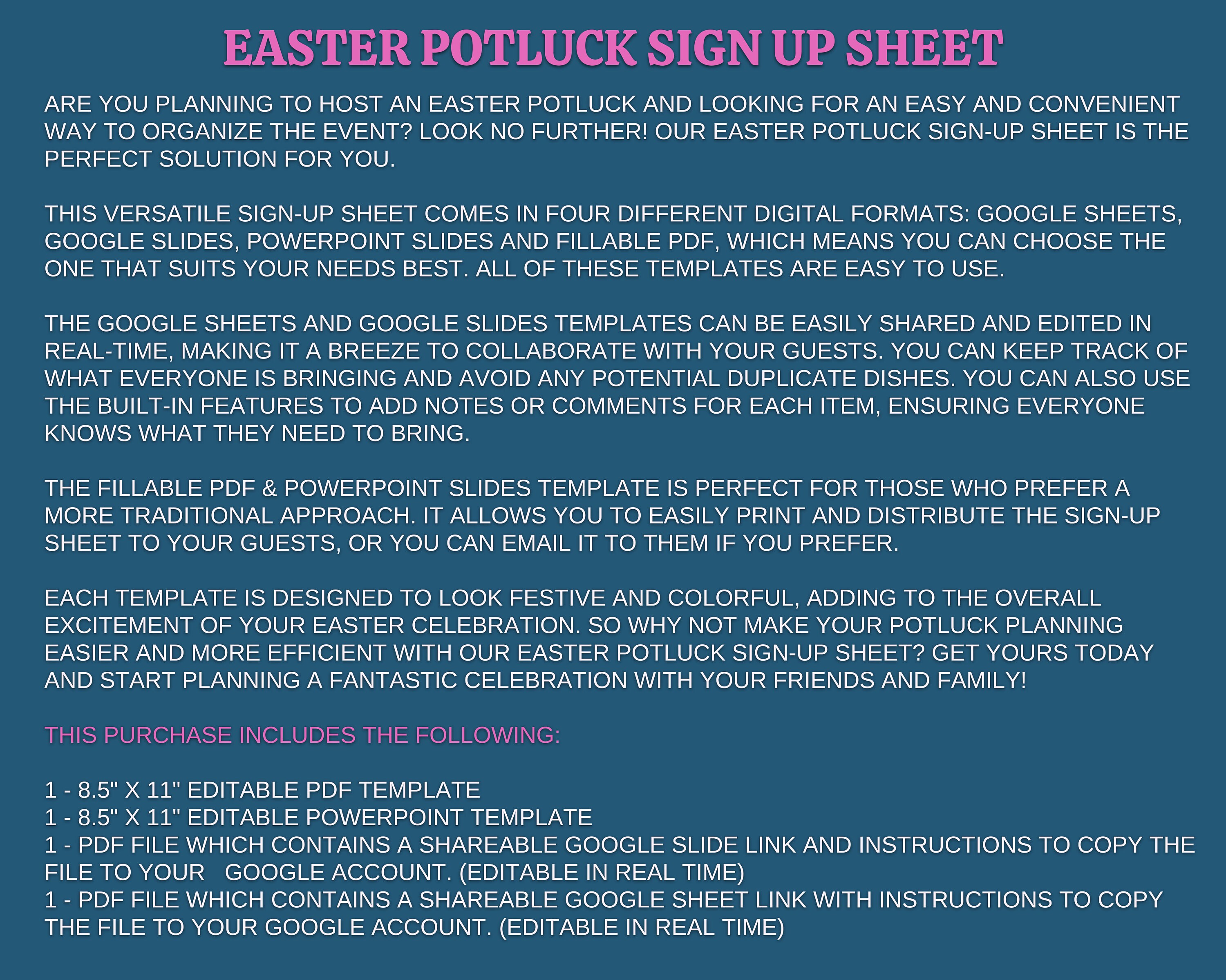 Easter Potluck Sign up Sheet, Google Slides, Editable Template, Instant ...