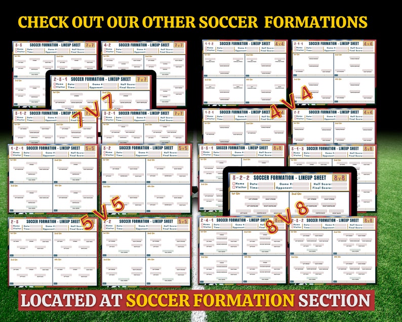 11v11 Soccer Formation Lineup Sheet With Starters and Subs, Fillable ...