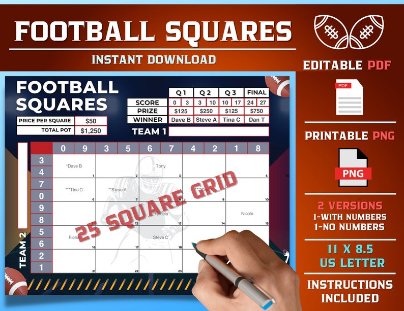 Football Squares 25 Square Grid Editable PDF Template - Etsy