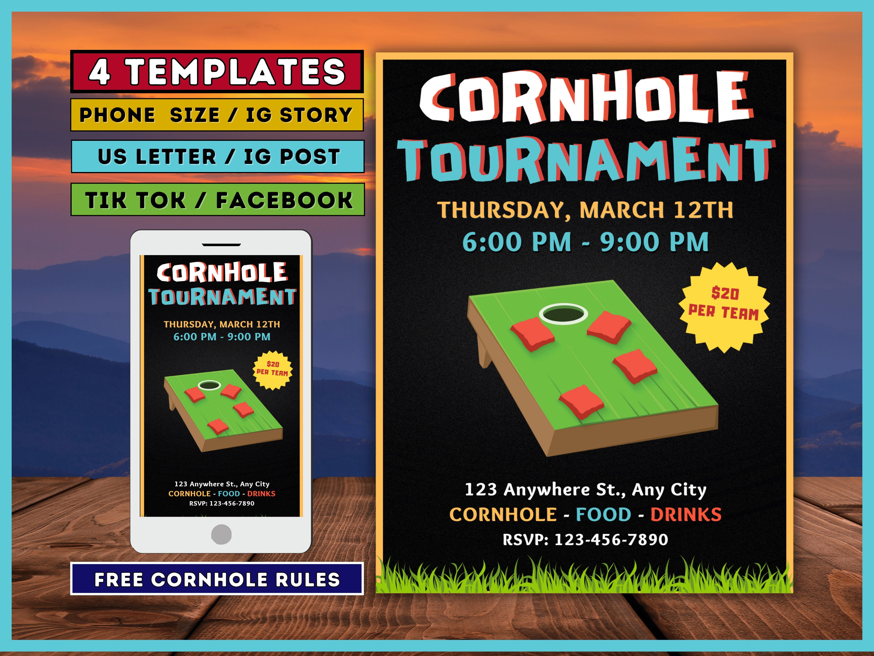 Personalized Cornhole Tournament Flyer - 4 Sizes, Social Media - Mobile ...