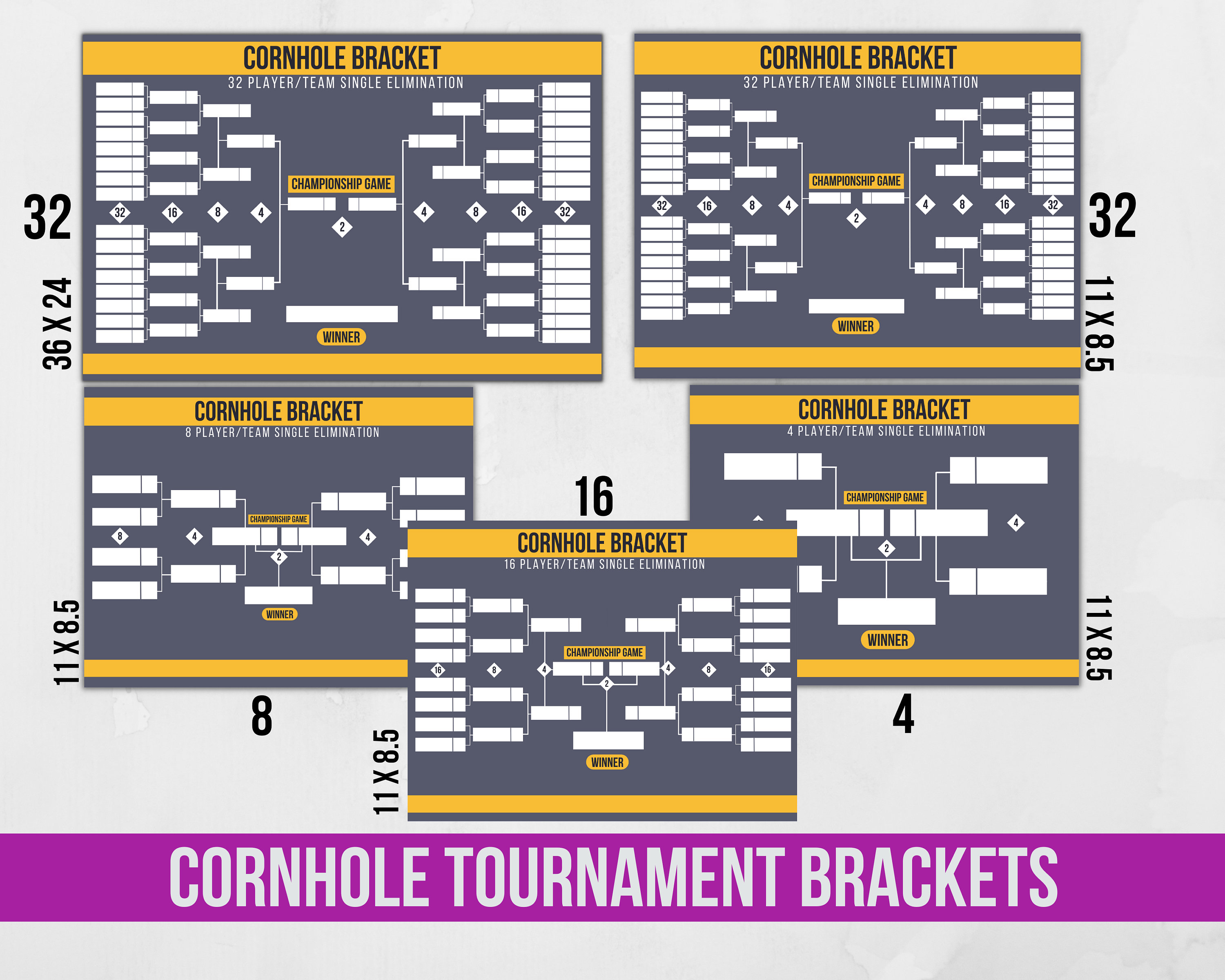 4, 8, 16, 32 Single Elimination Brackets, Printable Cornhole Tournament Bracket, Cornhole PNG ...