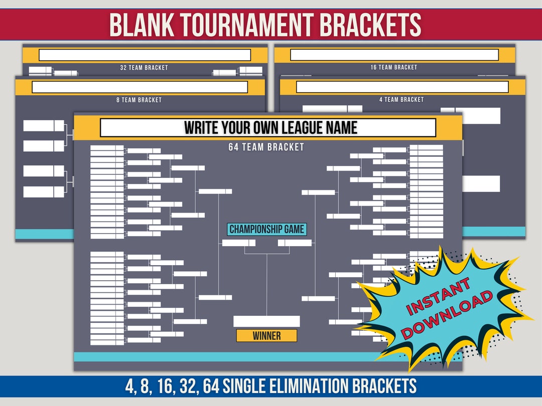 4, 8, 16, 32, 64 Single Elimination Bracket, Printable Tournament ...