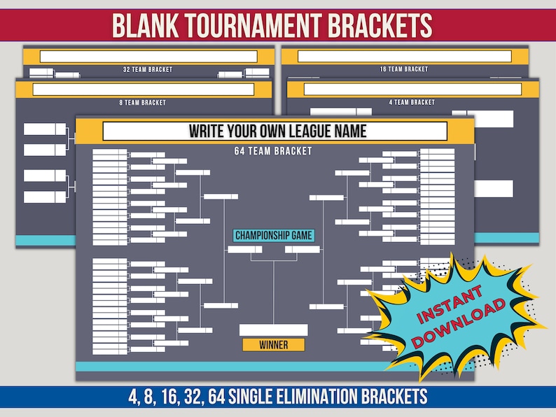 4, 8, 16, 32, 64 Single Elimination Bracket, Printable Tournament ...