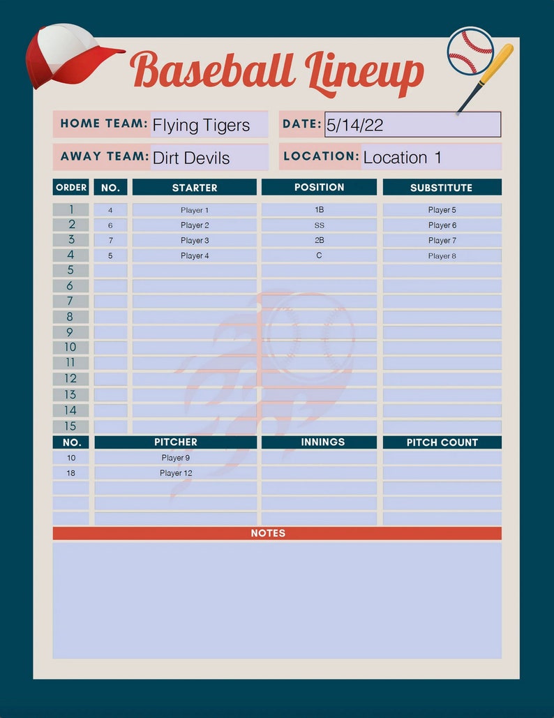 Printable Baseball Bundle, Baseball Schedule Template, Field Position ...