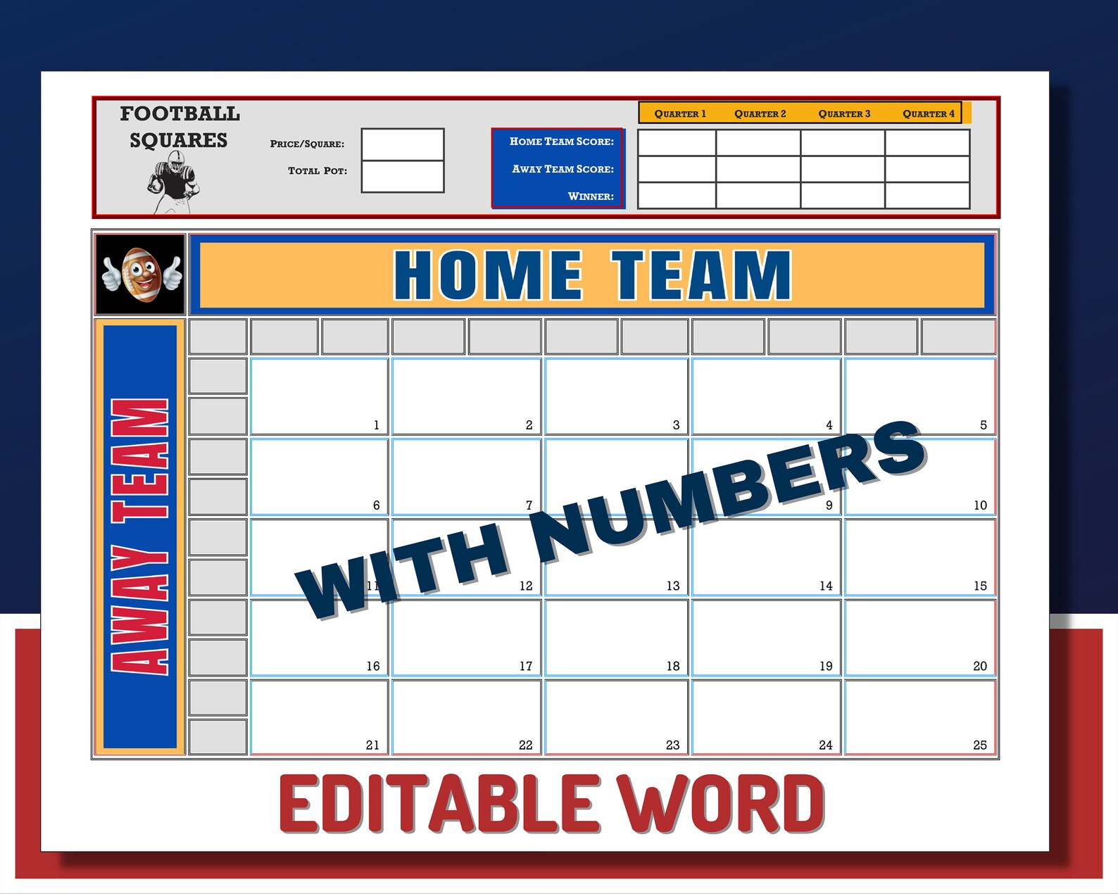 Football Squares Template 25, 25 Square Grid, Printable Football ...