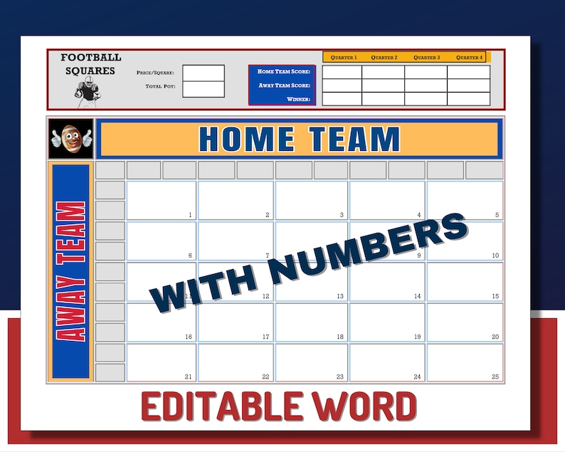Football Squares Template 25, 25 Square Grid, Printable Football ...