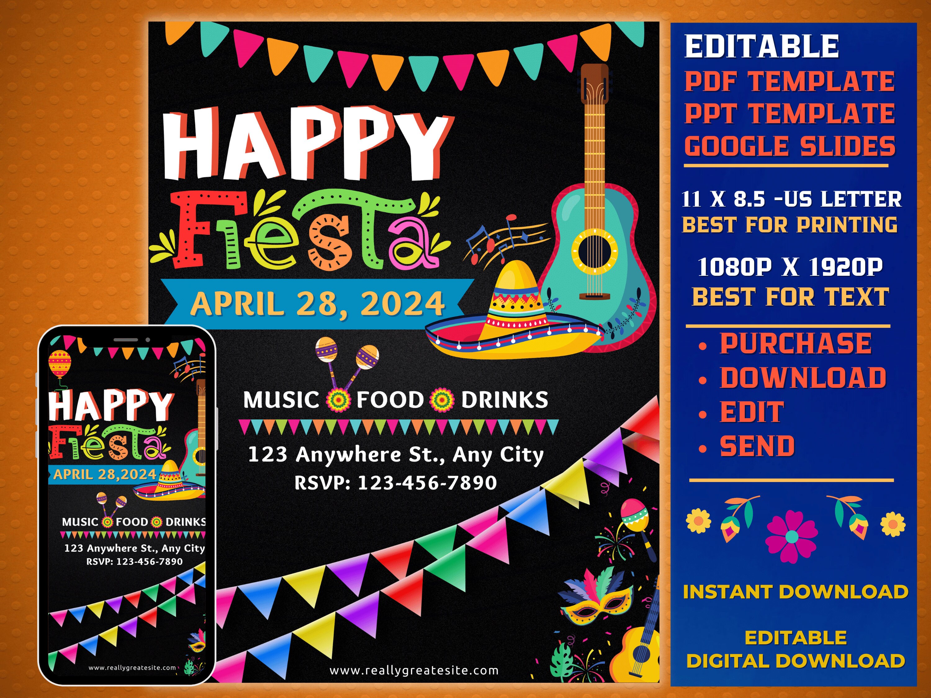 Happy Fiesta Digital Invitation, Text or Email Invite, Party Invite ...