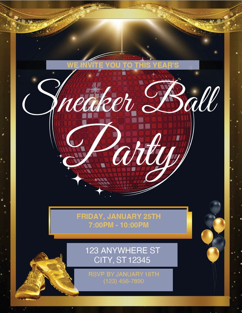 Sneaker Ball Invitation, Sneaker Ball Birthday Party, Gold Sneaker Ball ...