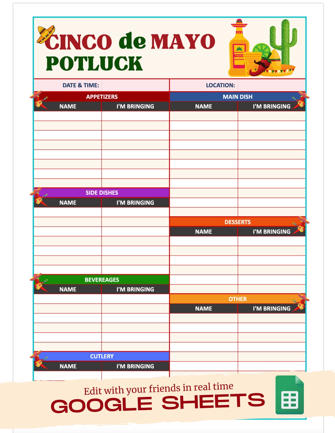 Cinco De Mayo Potluck Potluck Sign up Sheet, Realtime Editing With ...