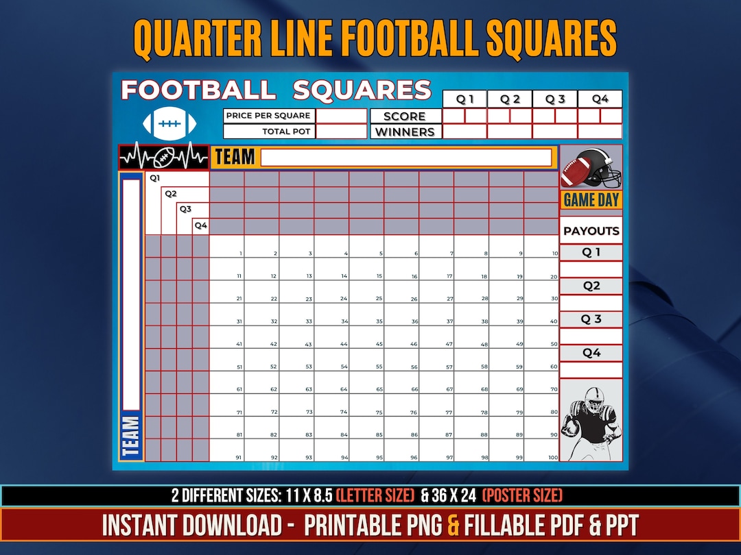 Quarter Line Football Squares, 4 Quarter Football Squares, 100 Squares ...