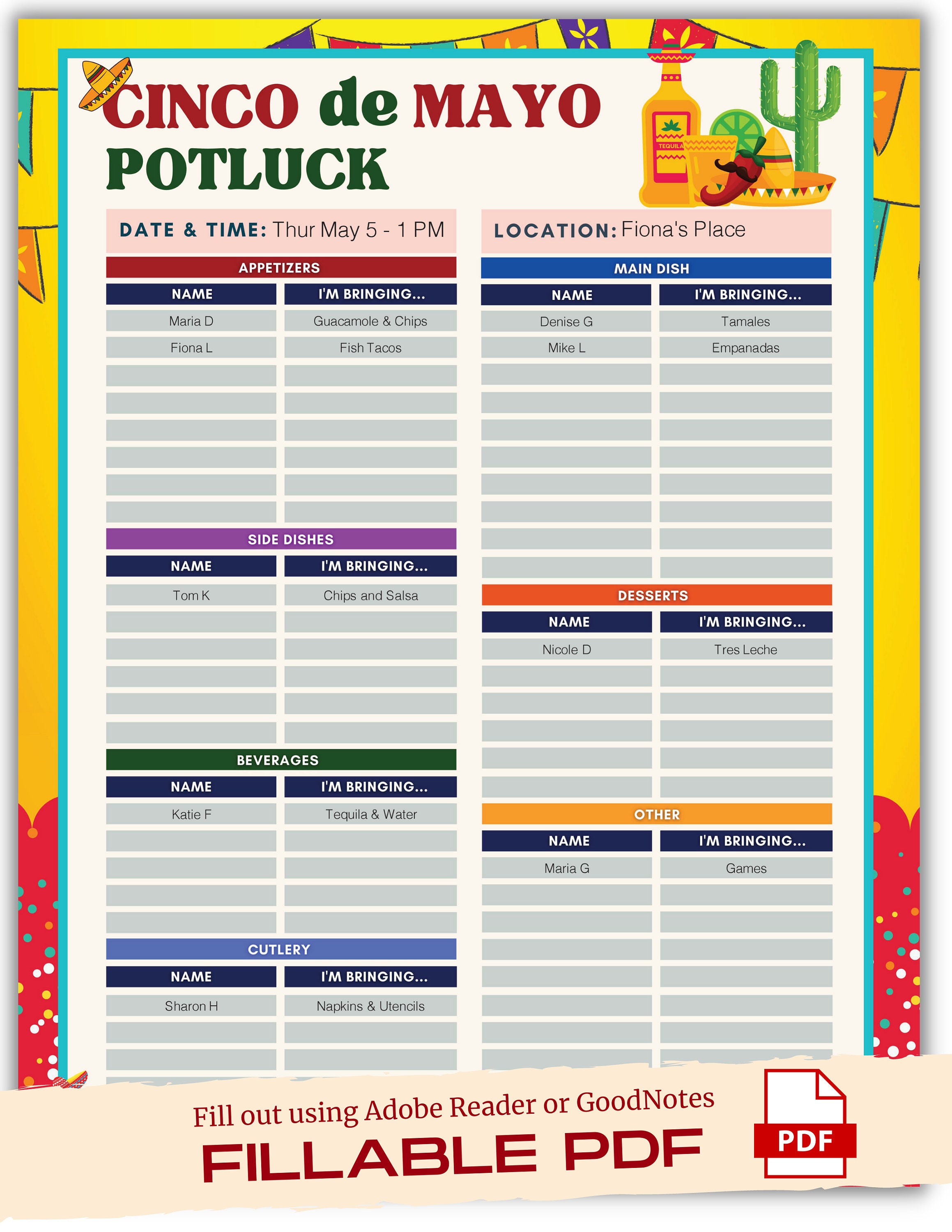 Cinco De Mayo Printable Potluck Sign up Sheet Fillable 52 OFF