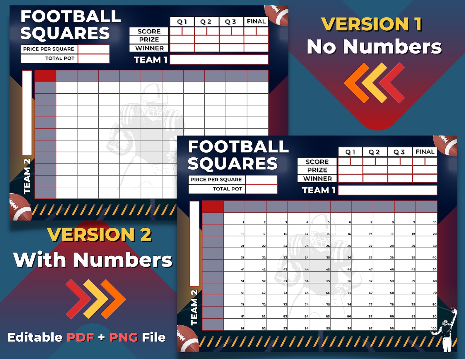 Football Squares, 100 Squares, Editable PDF Template, Printable PNG ...