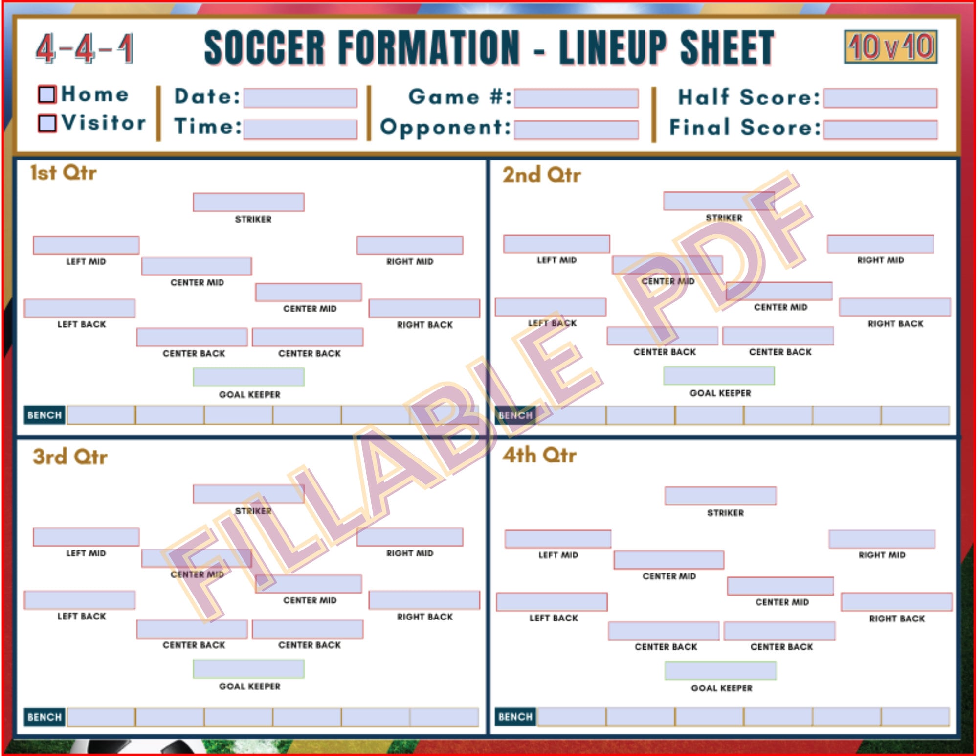 10v10 Soccer Formation Lineup Sheet, Fillable PDF, Soccer Training ...