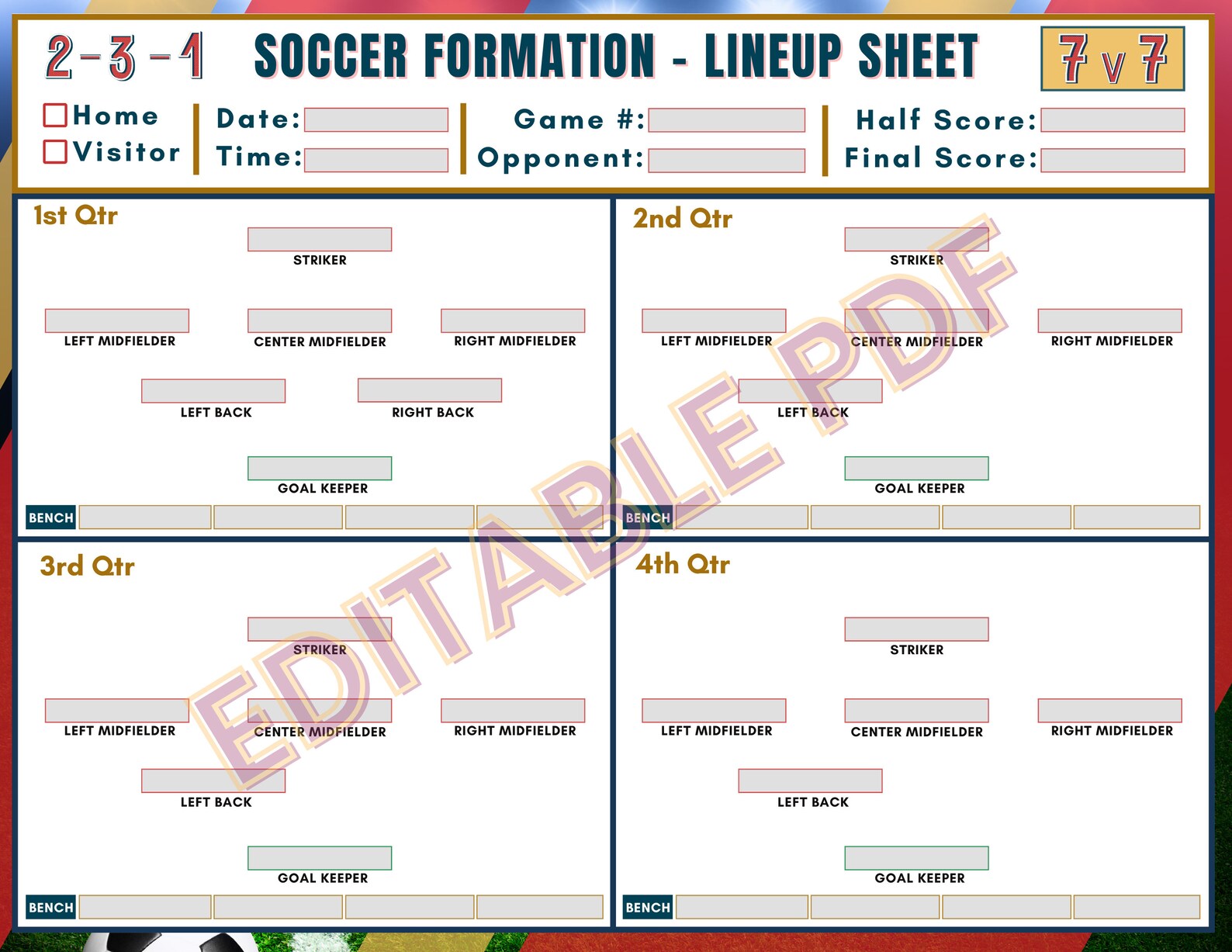 7v7 Soccer Formation Lineup Sheet Editable PDF Soccer - Etsy