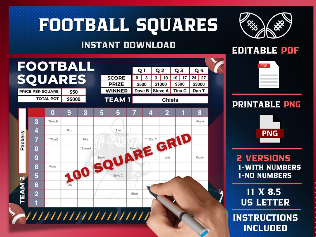 Football Squares, 100 Squares, Editable PDF Template, Printable PNG ...
