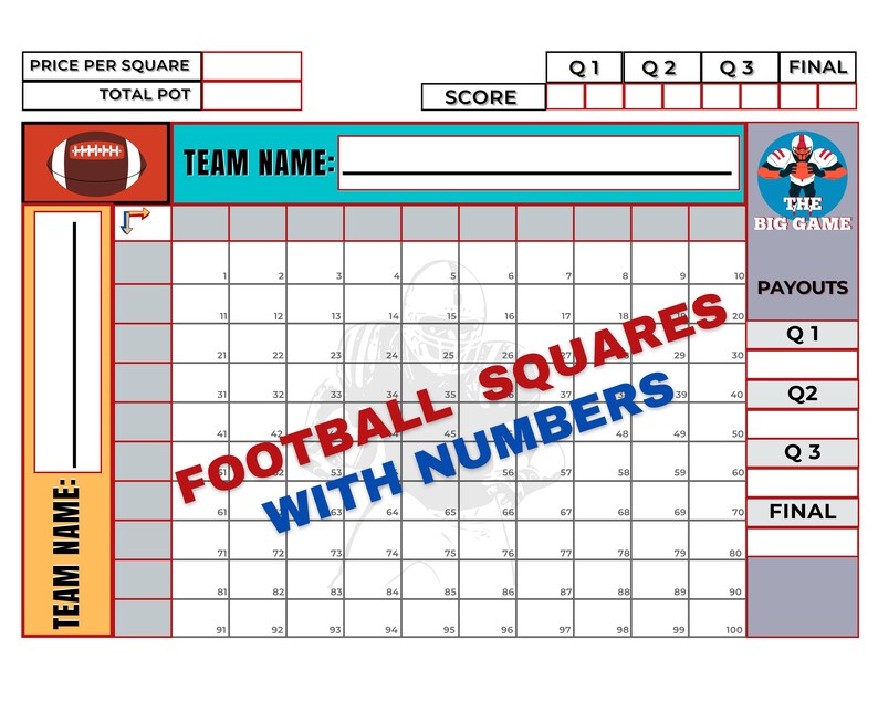 Football Squares, 100 Squares Football Pool, Football Pool Template ...
