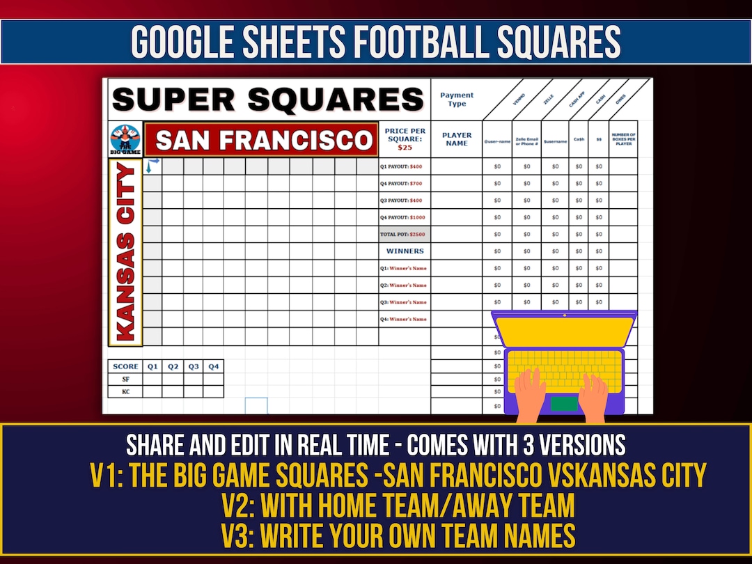Google Sheets Football Squares, Share and Edit in Real Time, 100 ...