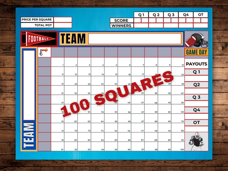 Football Squares, 100 Squares Football Pool Template, Football Boxes ...