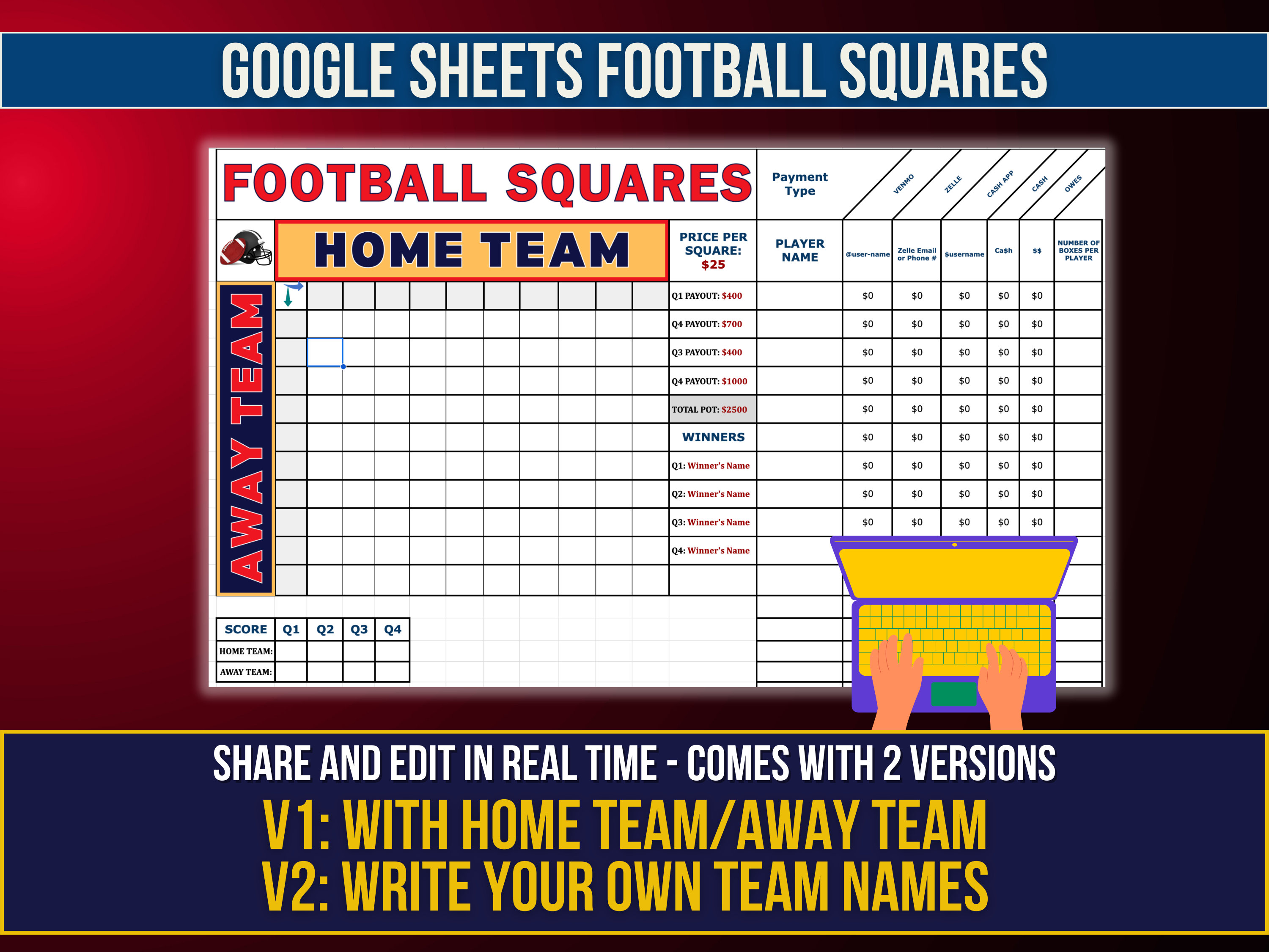 Google Sheets Football Squares, Share and Edit in Real Time, 100 ...