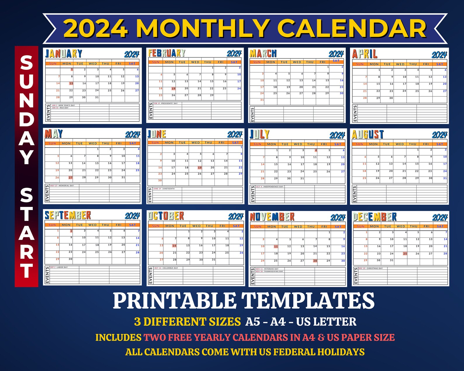 Printable 2024 Monthly Calendar, 2024 Wall Calendar, 2 Free Yearly ...