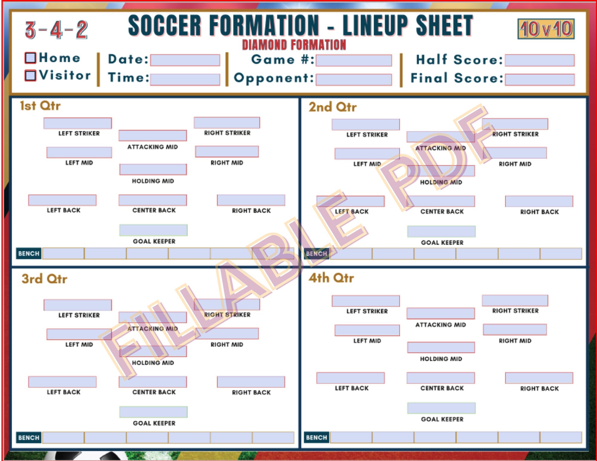 10v10 Soccer Formation Lineup Sheet, Fillable PDF, Soccer Training ...