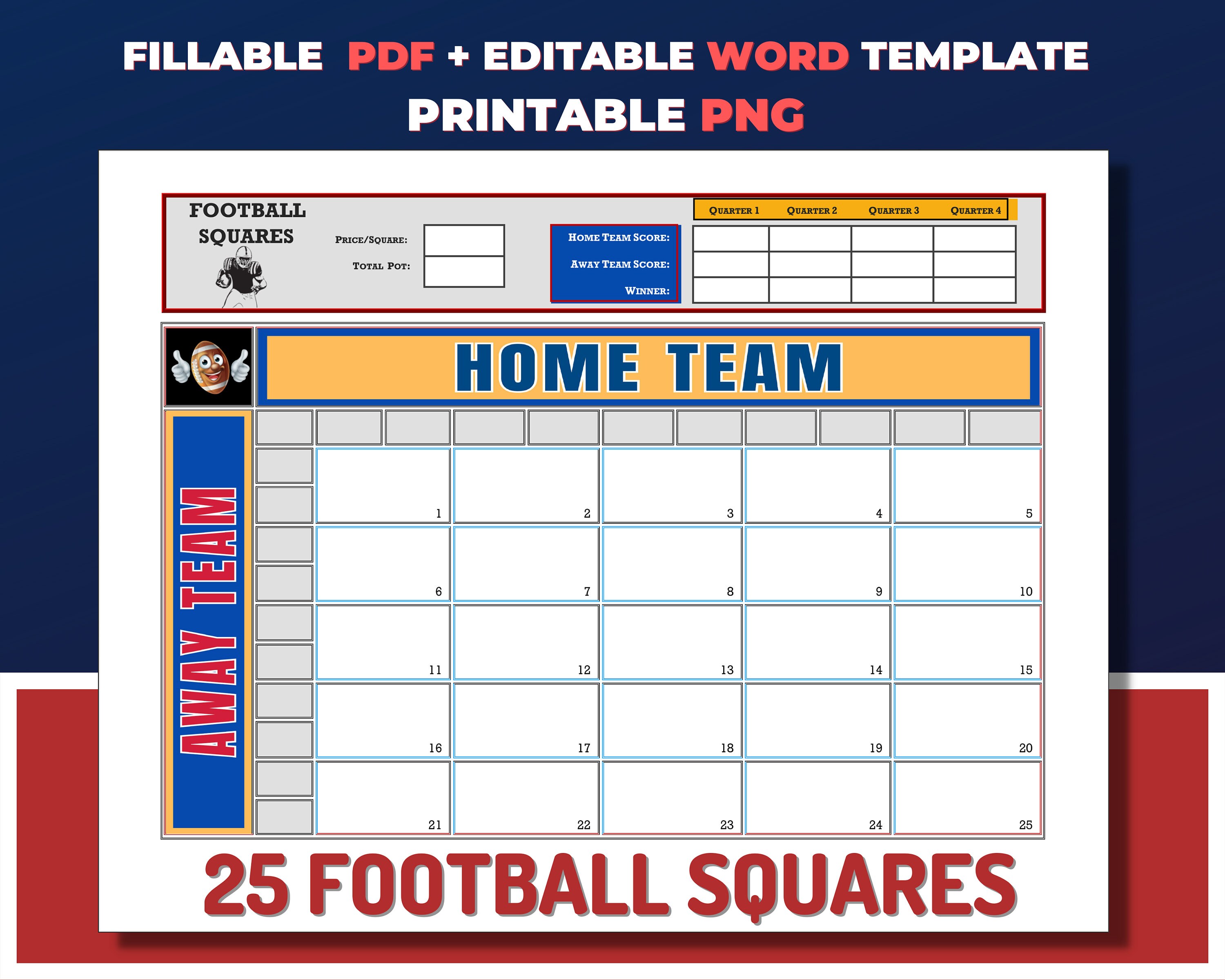 Football Squares Template 25 25 Square Grid Printable Etsy