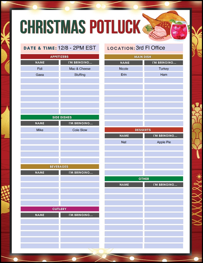 Christmas Potluck Sign up Sheet, Google Slides, Google Sheets, Editable ...