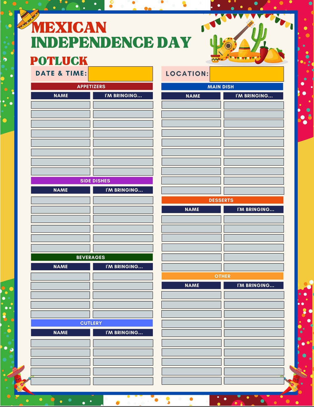 Mexican Independence Day Potluck Signup Sheet, Google Slides, El Grito ...