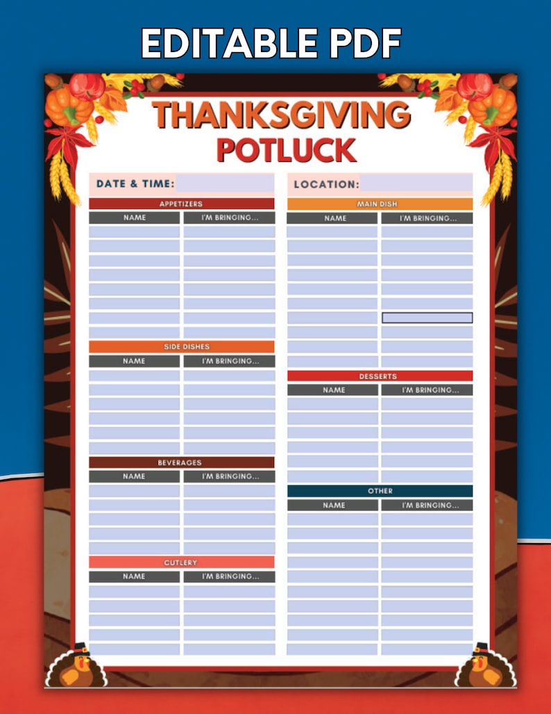 Thanksgiving Potluck Sign up Sheet, Shareable & Editable in Real Time ...