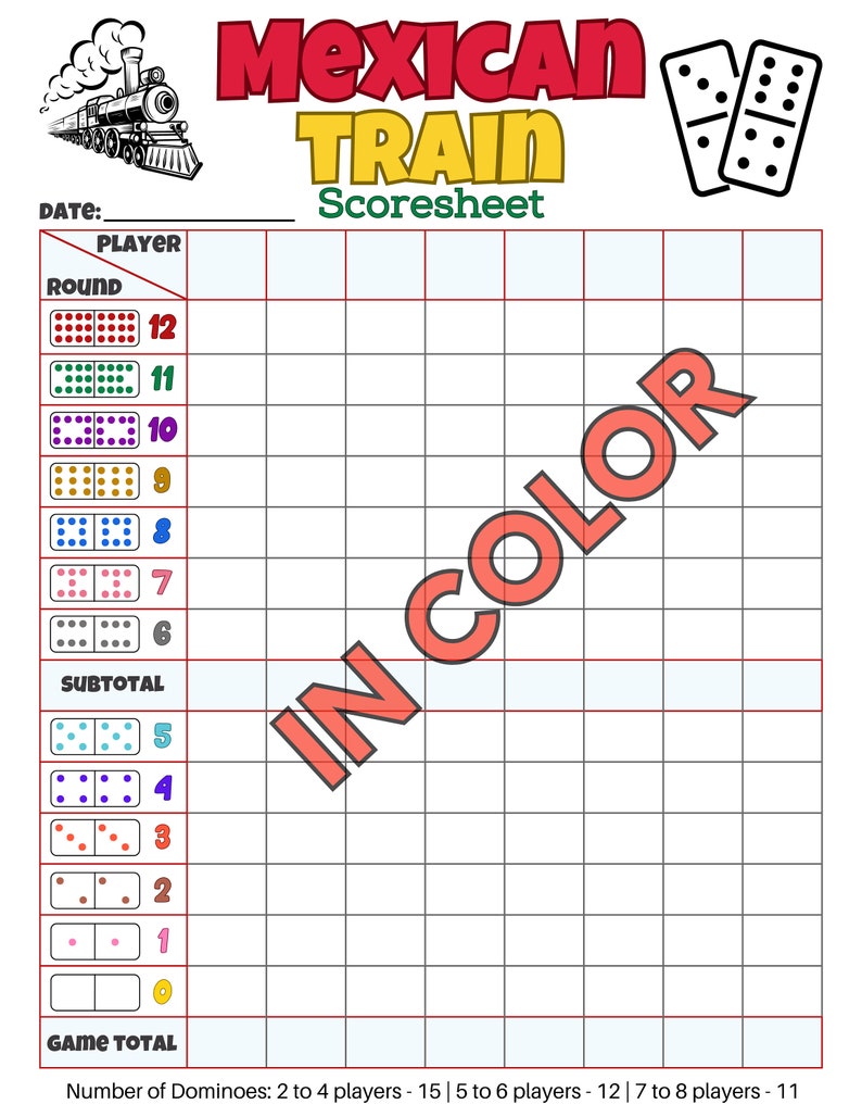 Mexican Train Domino in Color and Black & White, Mexican Train Score ...