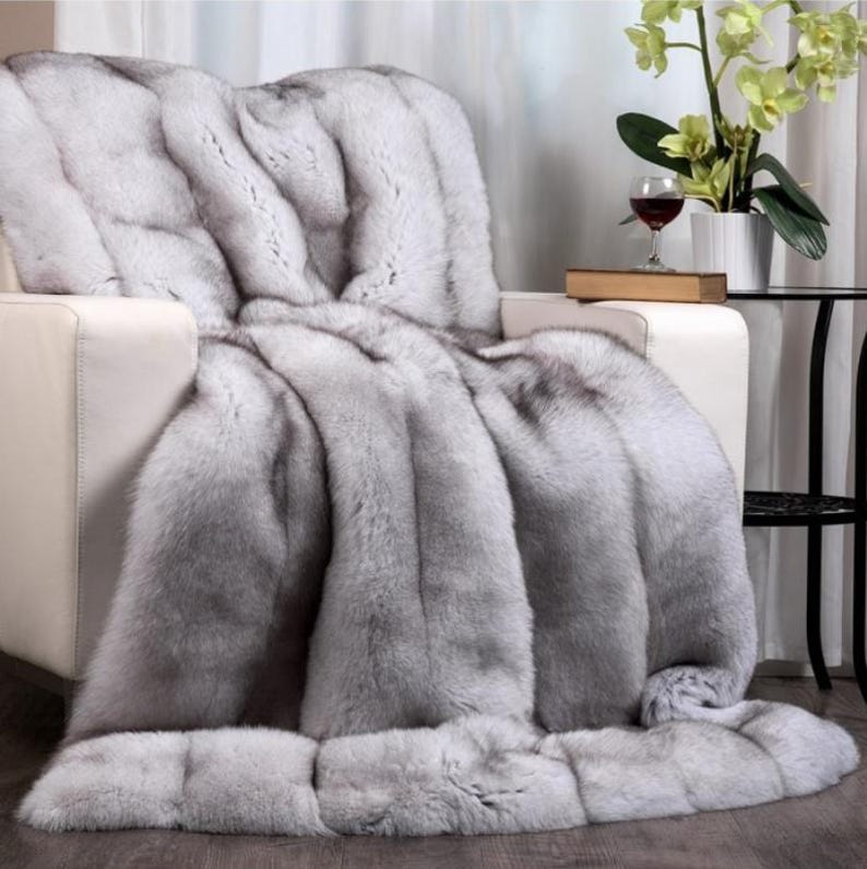 Real Blue Fox Throw, Luxury Living Room, Genuine Fur Blanket,fox Fur ...