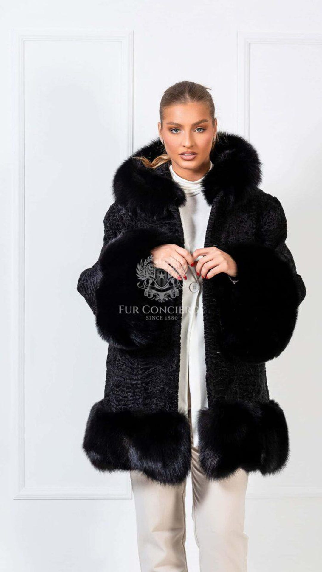 Luxury Black Astrakhan Lamp Fur Coat Jacket With Saga Black Fox Trim ...