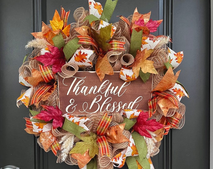 Thankful and Blessed Fall Wreath for Front Door, Autumn Wreath, Fall ...