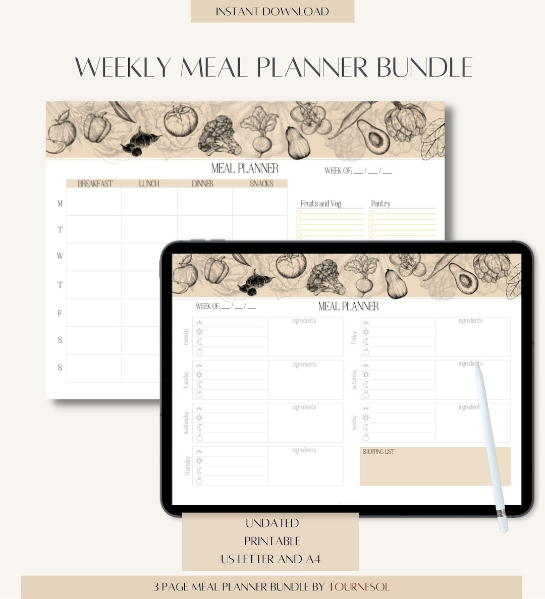 Meal Planner Printable | Daily Food Journal, Grocery List, Meal Prep ...