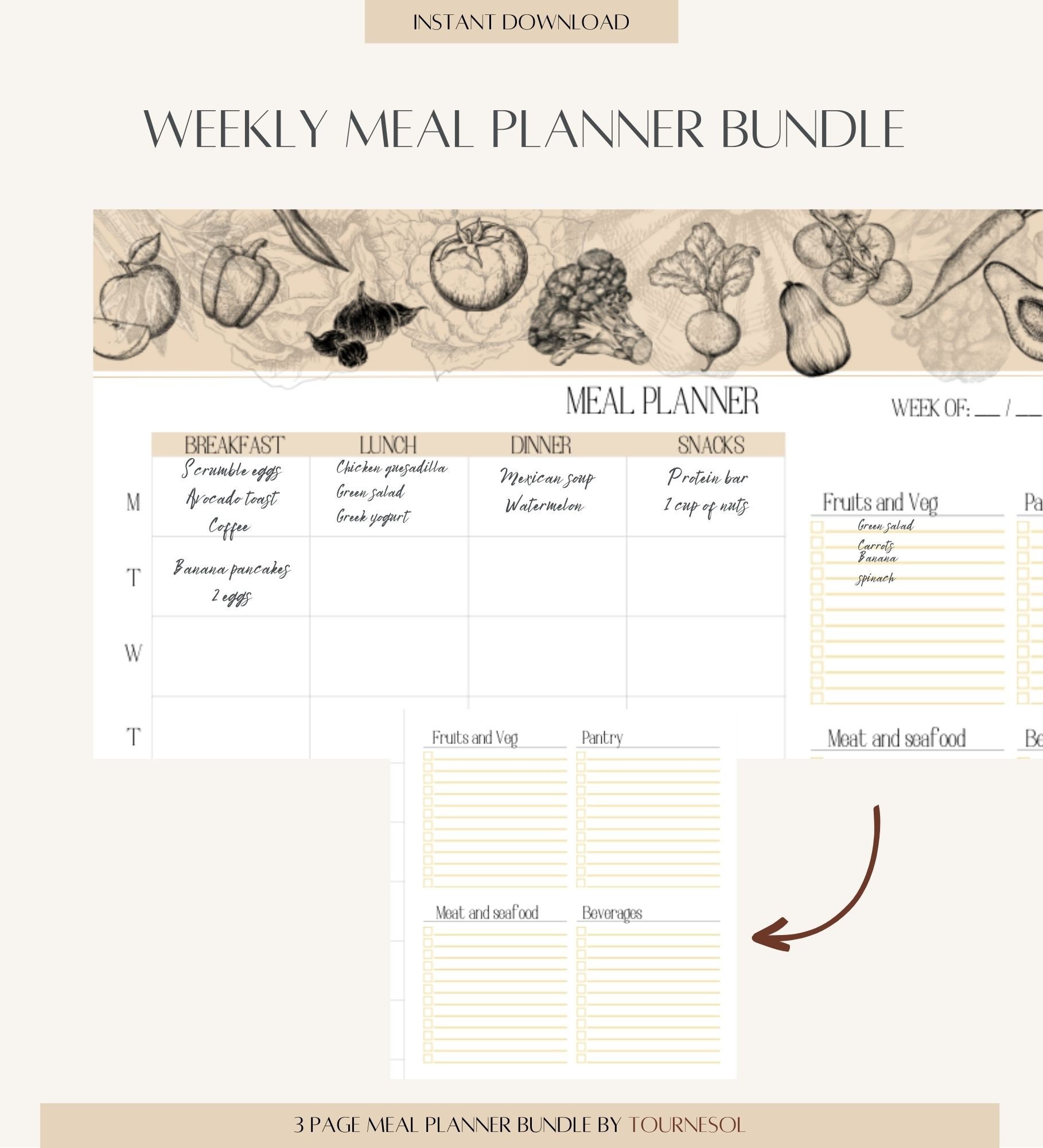 Meal Planner Printable | Daily Food Journal, Grocery List, Meal Prep ...