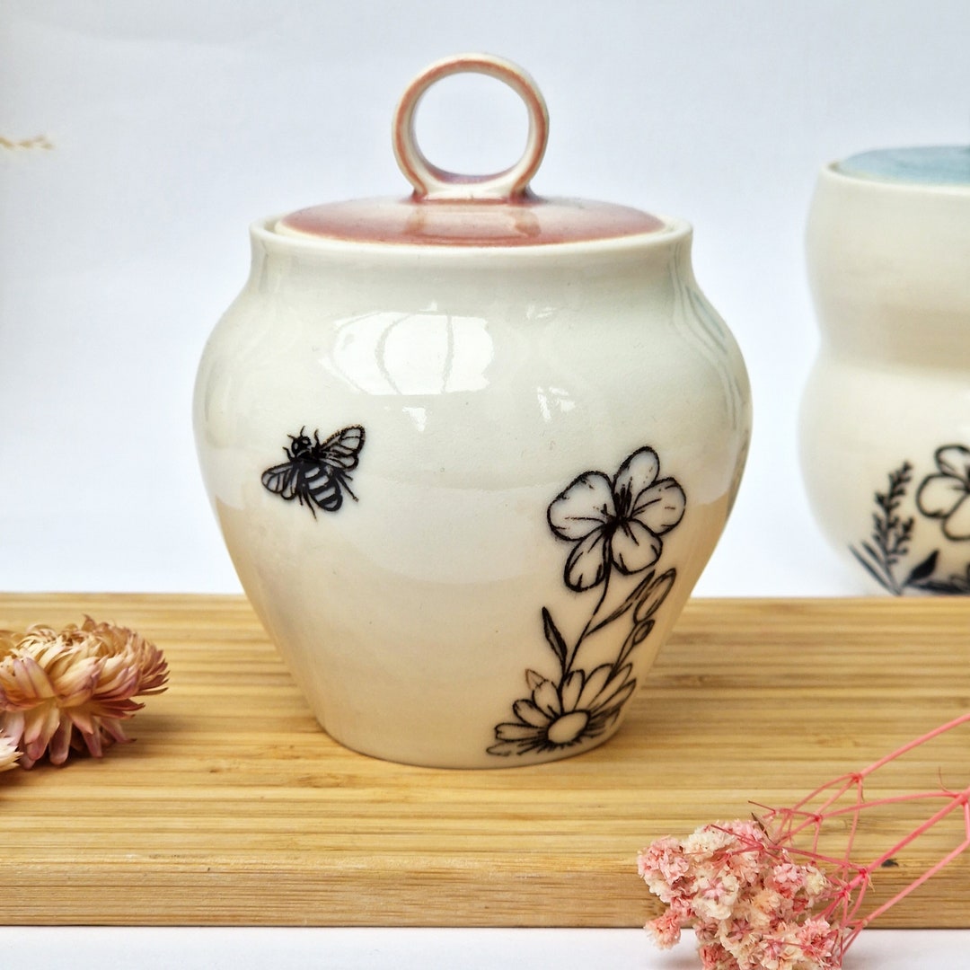 Floral Porcelain Lidded Jar With Pink Lid - Handmade Ceramic Lidded ...