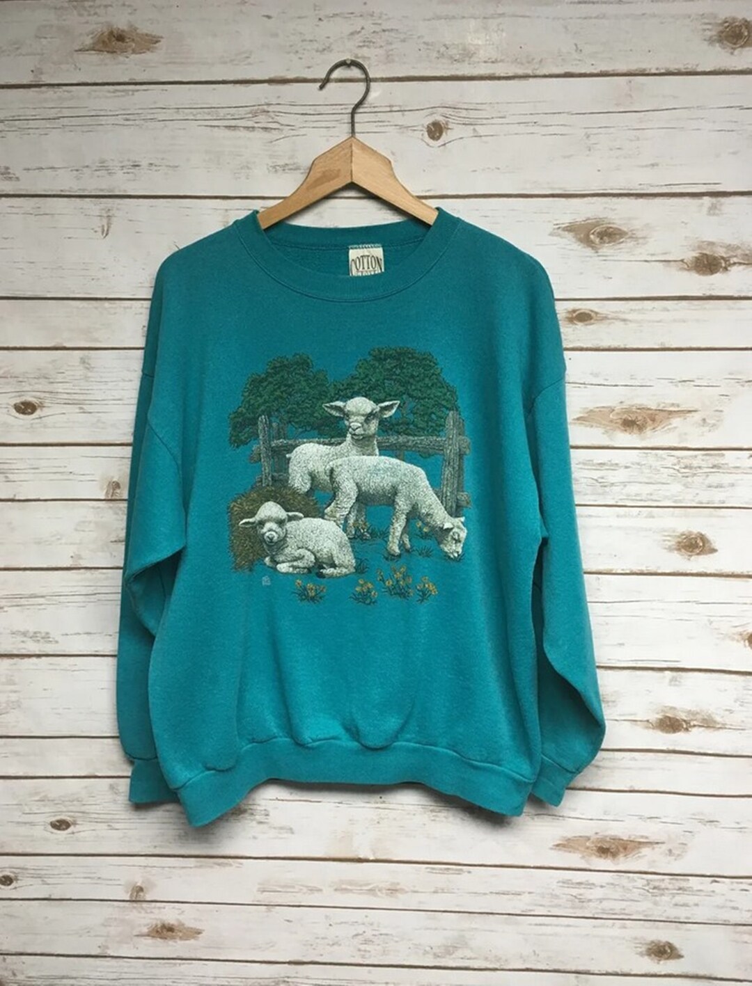 Vintage 80's Sheep Lamb Crewneck Sweatshirt Animal Print Teal Crew Neck ...