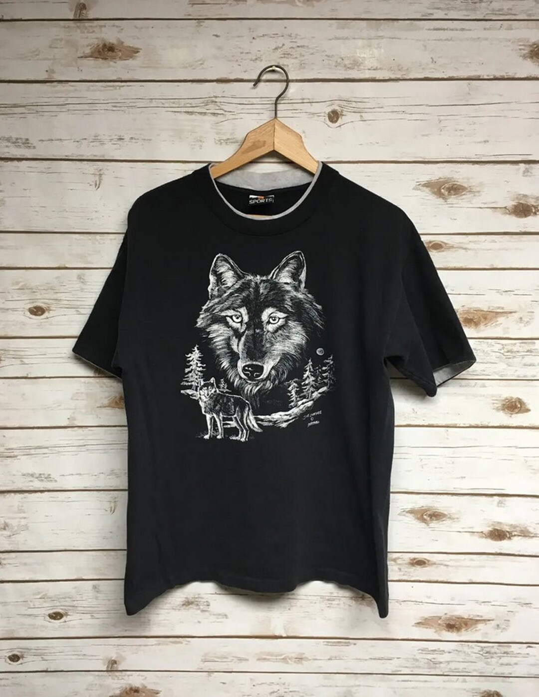 Vintage 90's Wolf Tshirt Black Gray Wolf Lone Wolf Wolves T Shirt ...