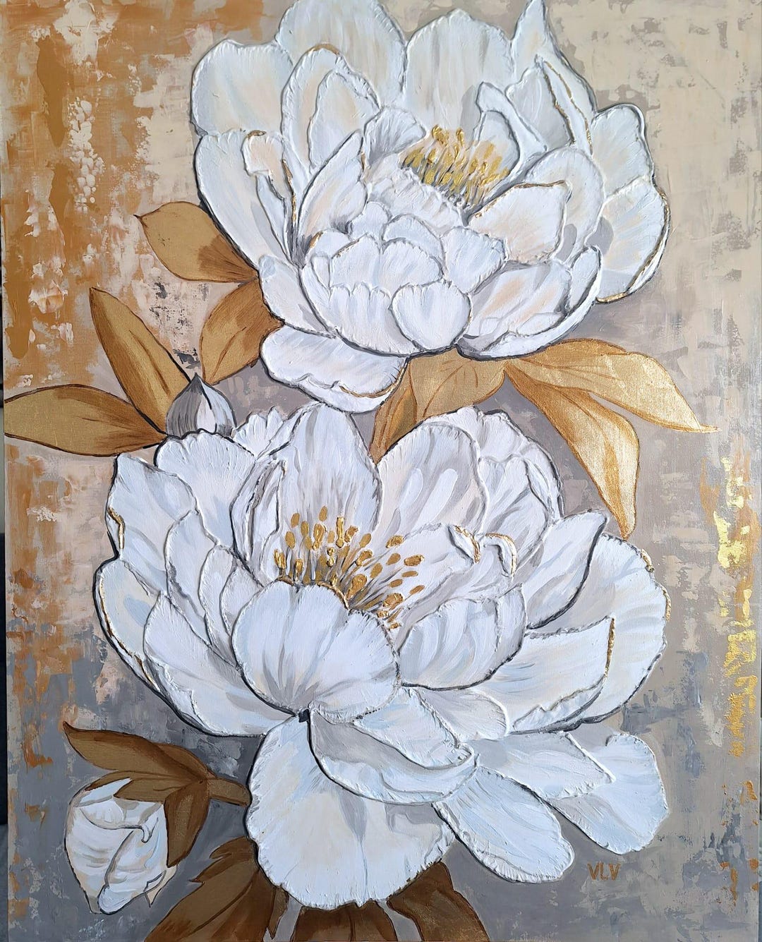 White Gilded Peonies Acrylic Plaster Painting Canvas Modern Fashionable ...