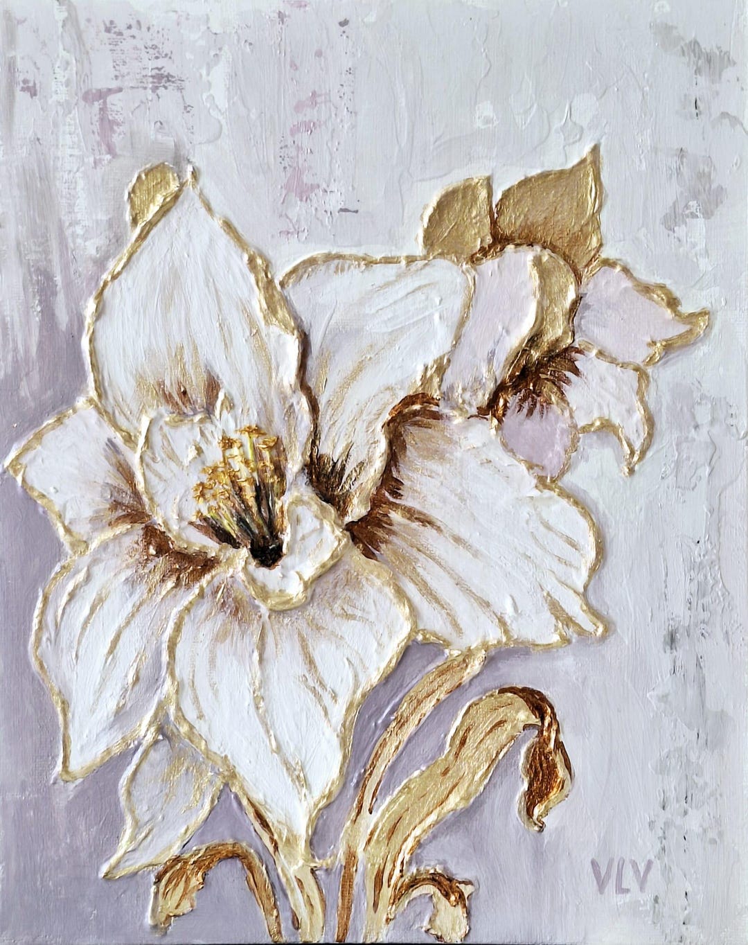 White Gold Flower Acrylic Plaster Painting Canvas Modern Fashionable ...