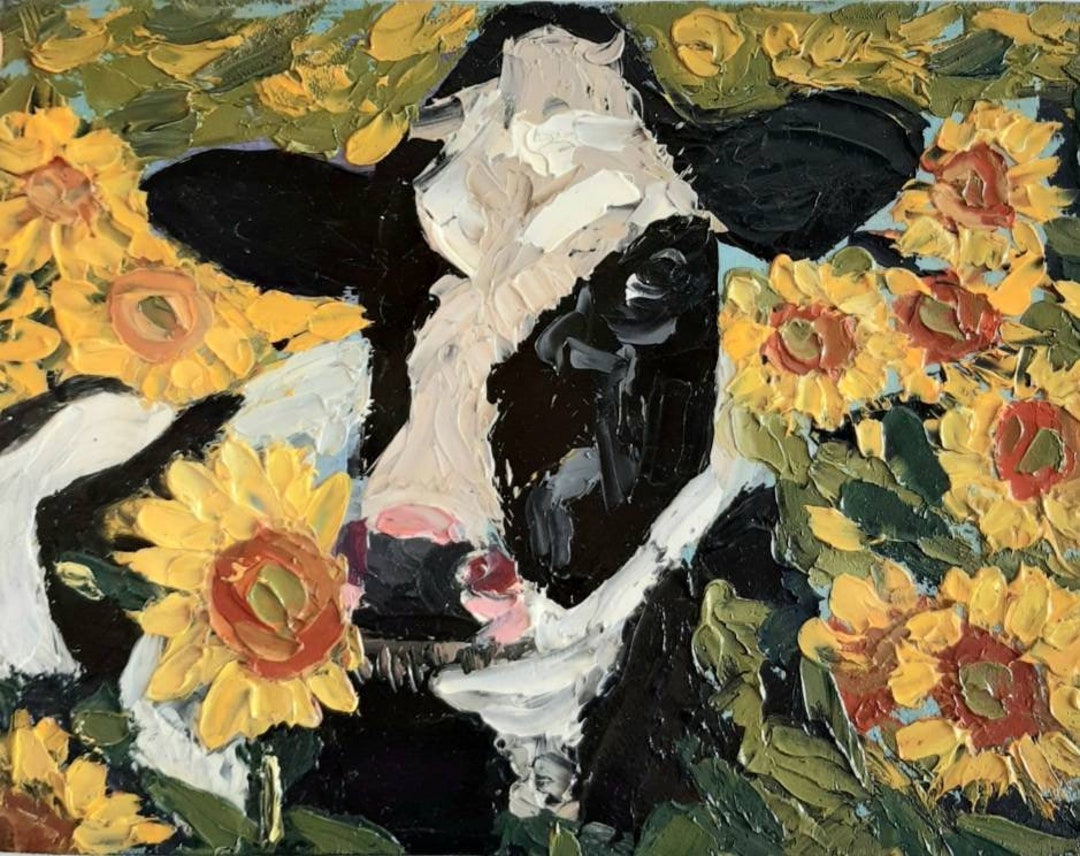 Cow in Sunflowers Original Oil Painting on Hardboard Small 3D Texture ...