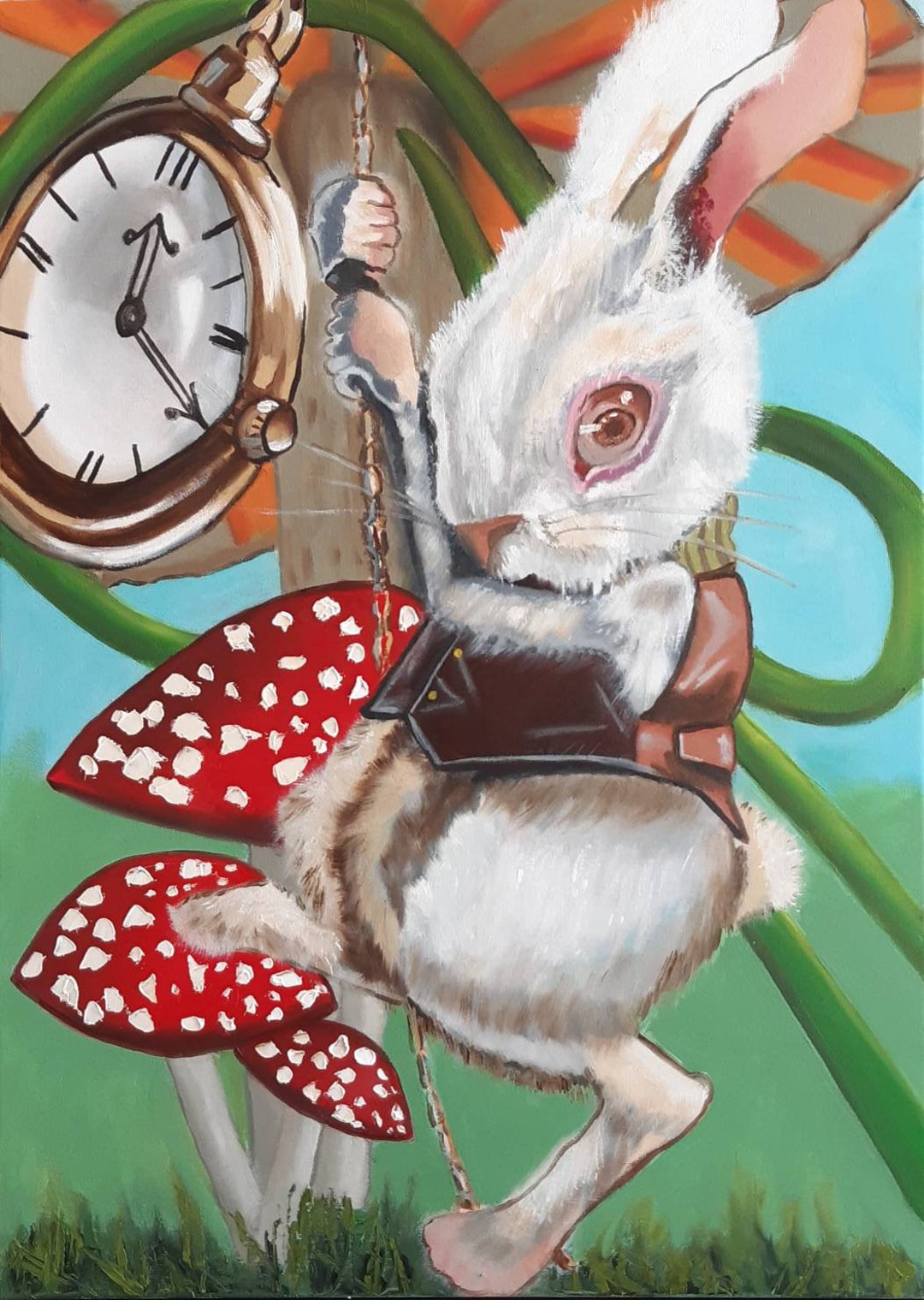 March Rabbit Original Oil Painting Canvas Alice Wonderland Art White ...