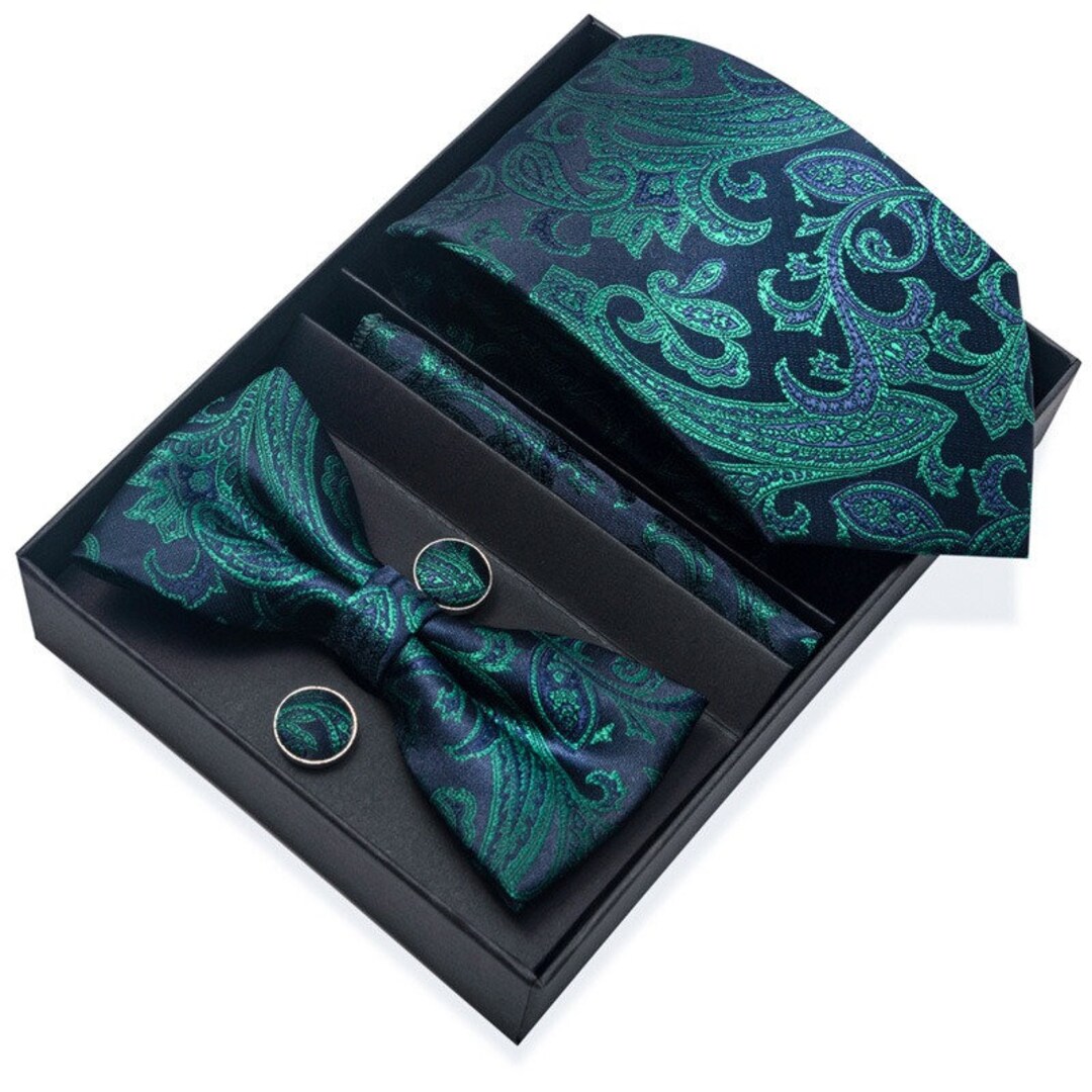Navy Green Paisley Tie Set / Pocket Square Tie Bowtie Cufflinks Set ...