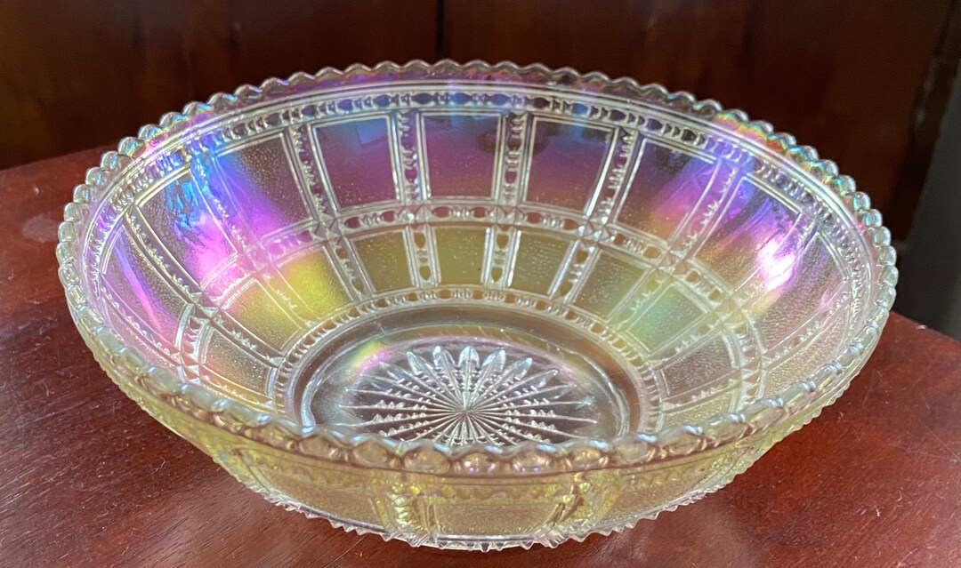 Vintage Imperial Glass Iridescent Beaded Block Bowl - Etsy
