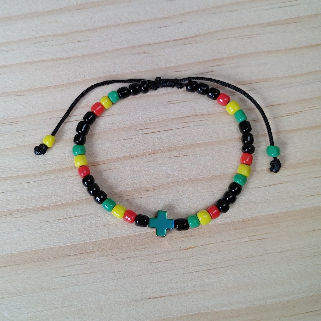 Rasta Bracelet, Reggae Bracelet With Cross Charm, Adjustable Jamaican ...
