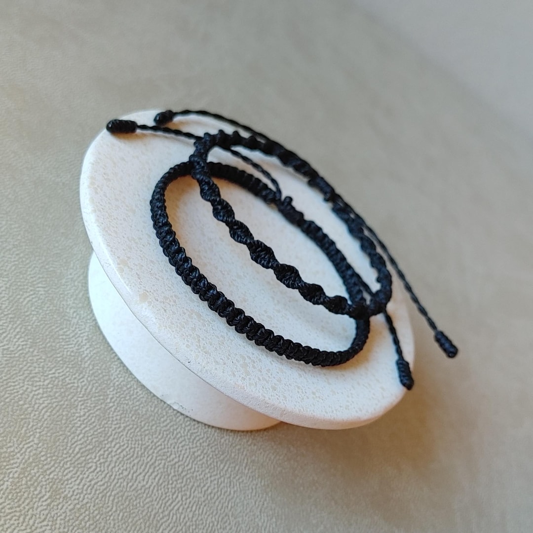 Black Rope Braided Bracelet, Adjustable Waxed Cord Macrame Bracelet ...