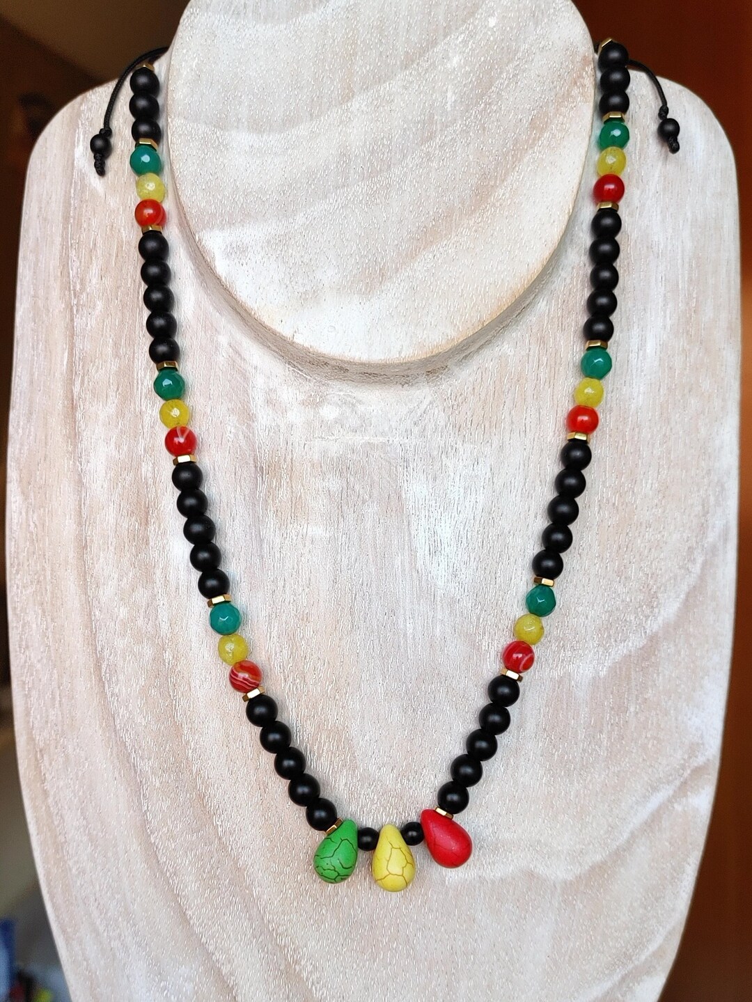 Rasta Necklace, Adjustable Cord Choker, Black Onyx Rasta Unisex Reggae ...