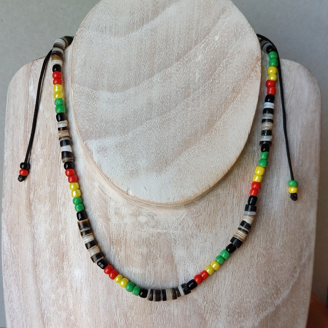 Rasta Necklace, Red Yellow Green Reggae Seed Bead & Heishi Shell Disc ...